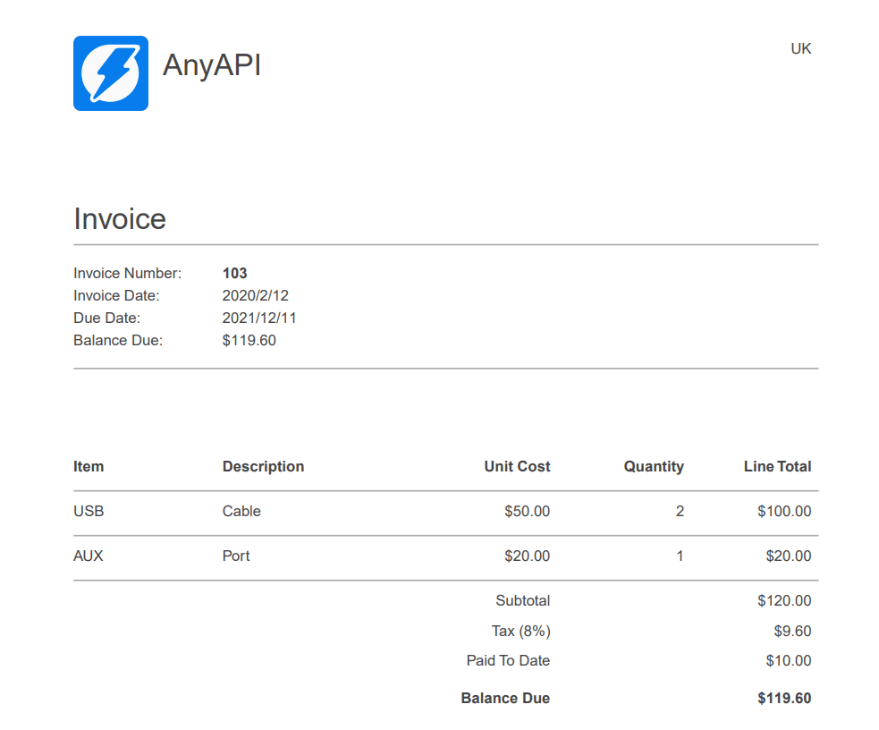 PDF Invoice Generator API - AnyAPI